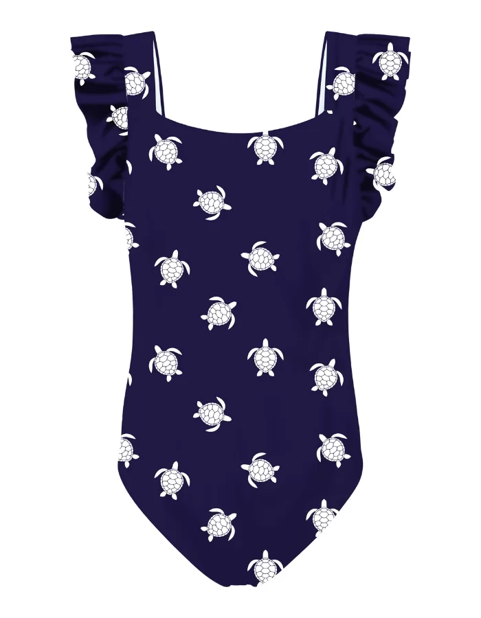 Navy Turtle Girls Ruffle Swimsuit - Sandbar Swimwear